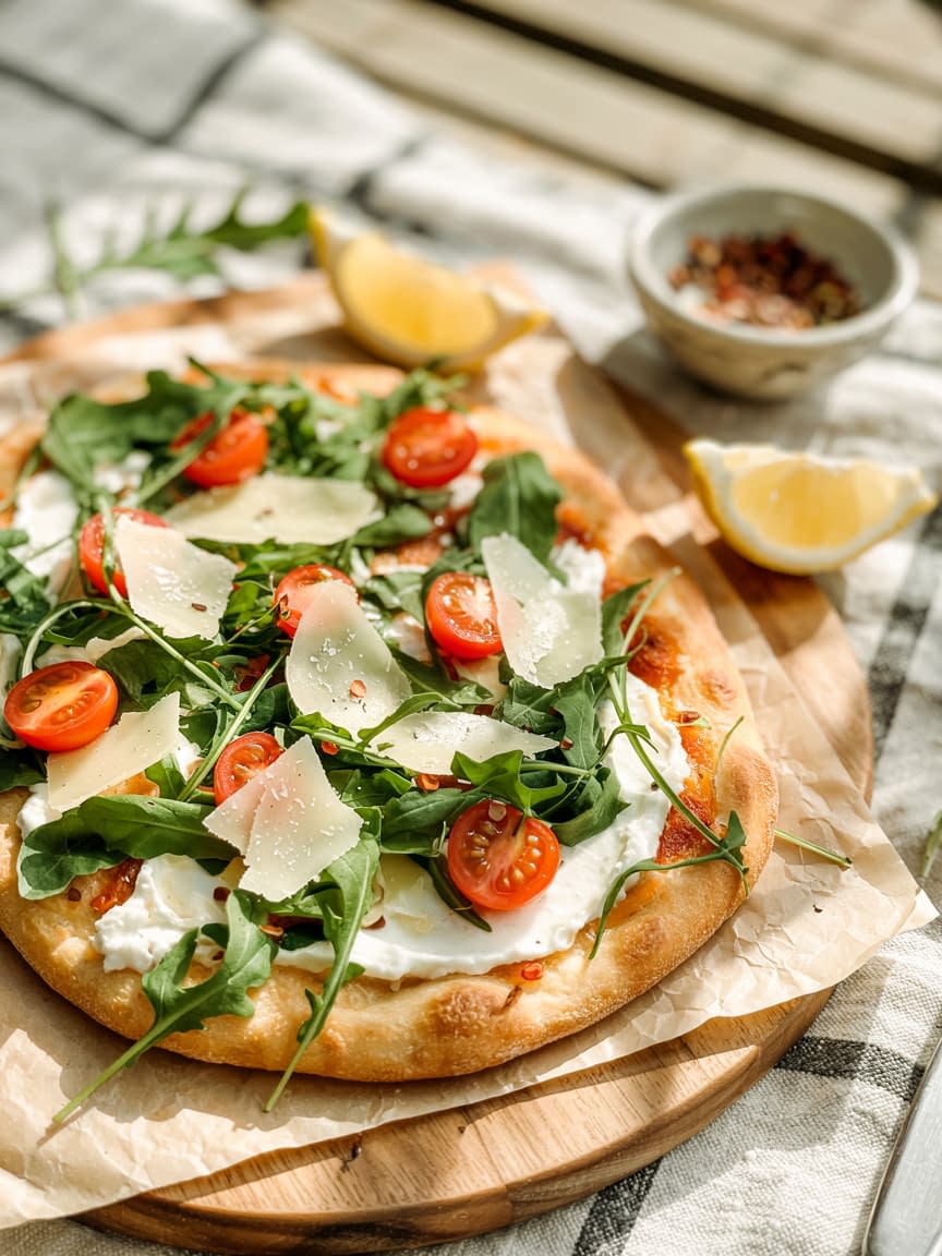 Flatbread Pizza with Ricotta, Lemon & Arugula Recipe - Petite Panini