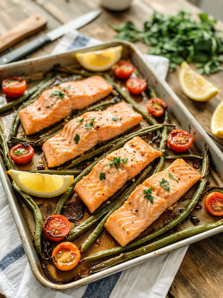 Sheet Pan Salmon with Garlic Green Beans & Cherry Tomatoes Recipe ...