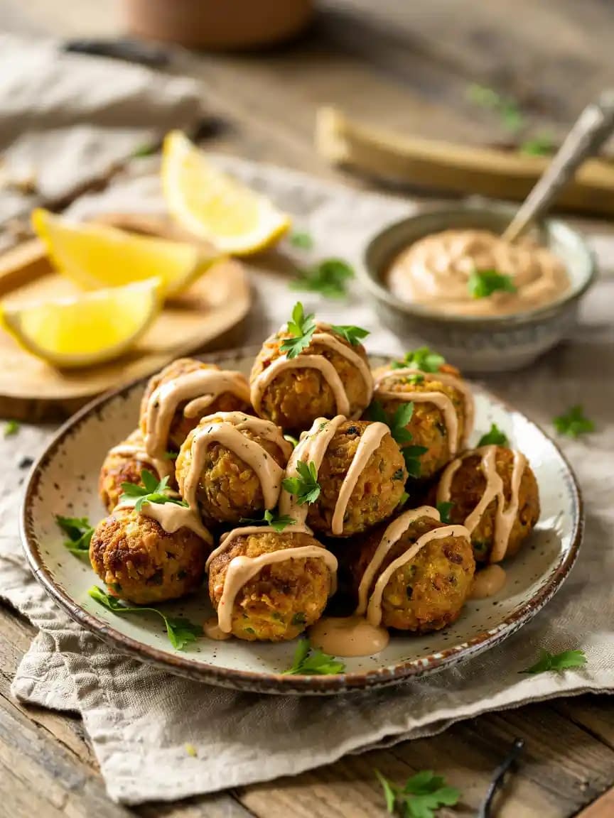 Mini Falafel Balls with Tahini Drizzle Recipe - Petite Panini